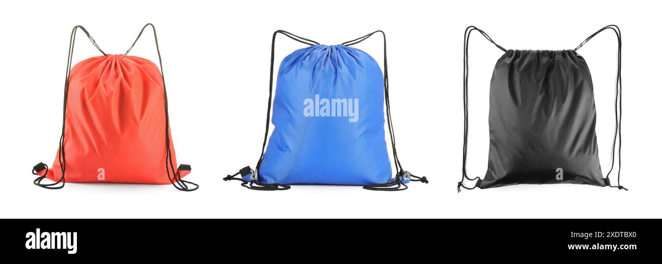 Sports drawstring bags in different colors isolated on white, set Stock ...
