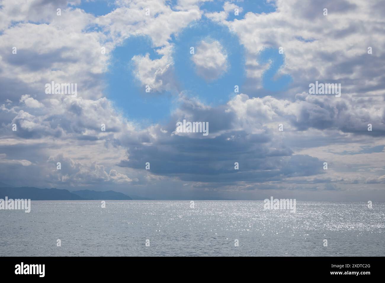 Blue sky with CO2 chemical formula and clouds over sea. Carbon dioxide ...