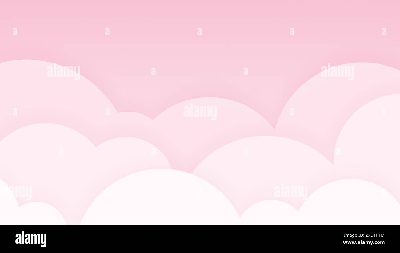 Pink sky with big light pink layered flat cartoon style clouds with ...