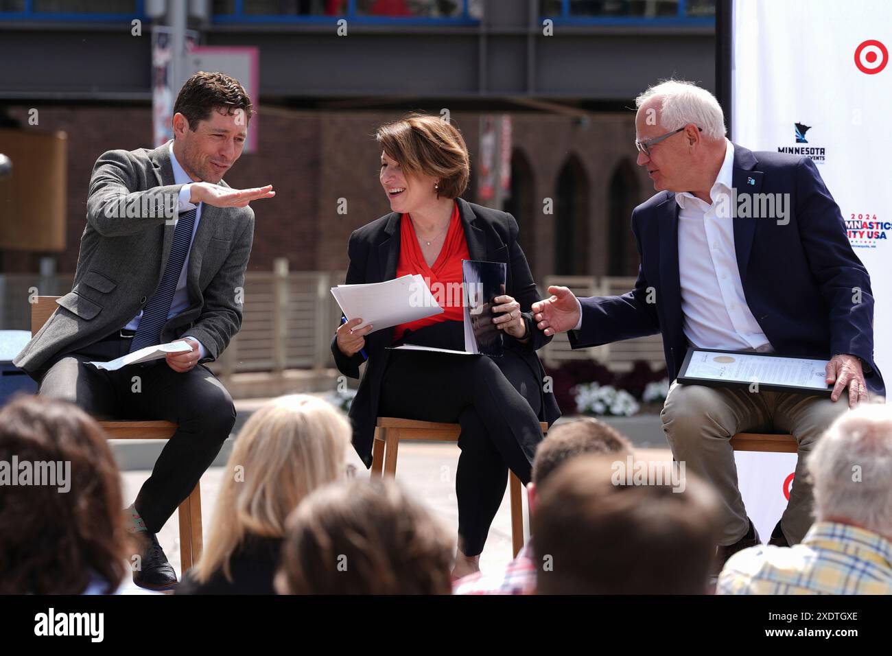 Minneapolis Mayor Jacob Frey, left, U.S. Senator Amy Klobuchar, center ...