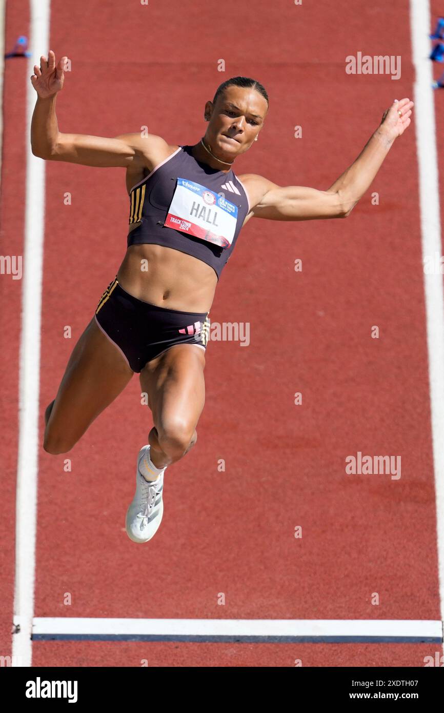 Anna Hall competes in the women's heptathlon long jump during the U.S ...