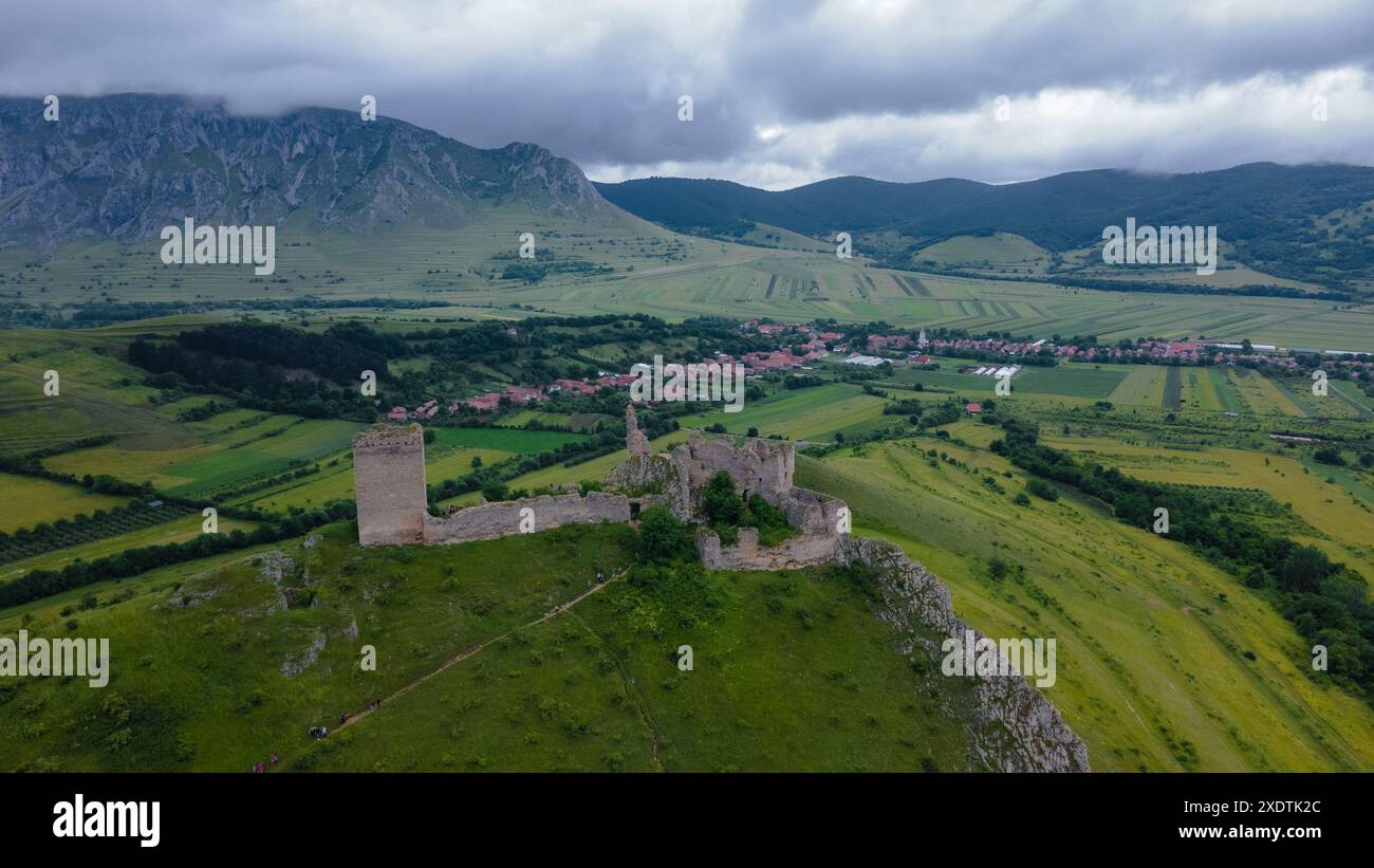 Aerial photo of the ruins of Trascau medieval citadell in Romania ...