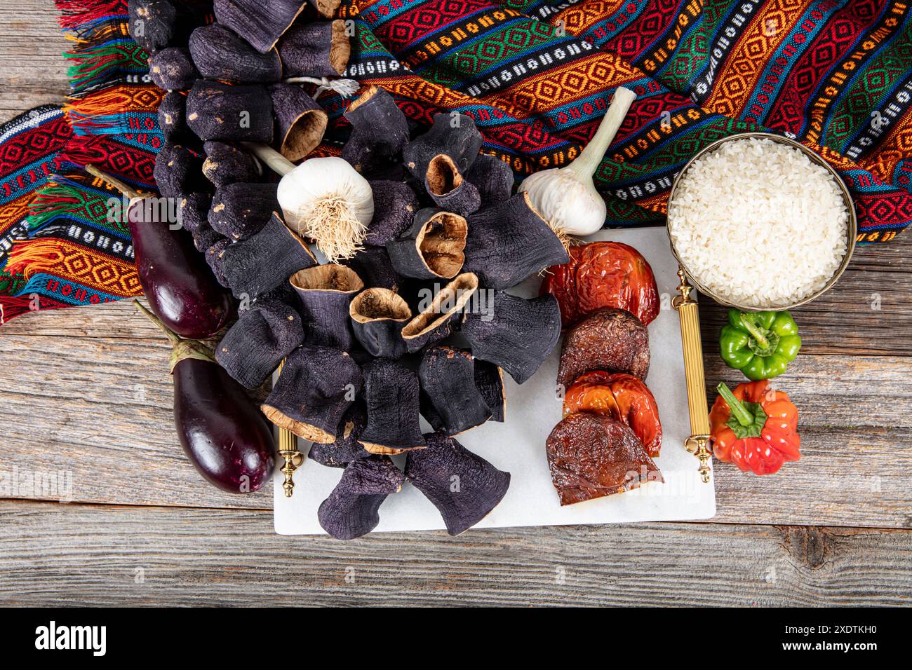 Stuffed dried eggplant. Middle Eastern regional food. Hanging dried ...