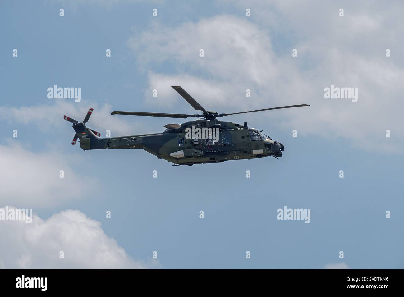 German military transport helicopter, NH 90 flies on airfield in Berlin ...