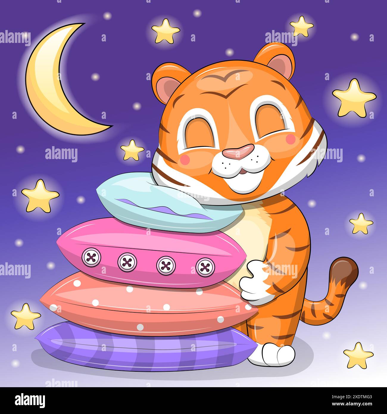 Cute cartoon tiger is sleeping on the pillows. Night vector ...