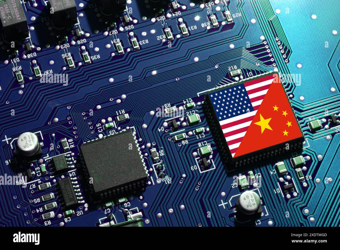 Flag of the Republic of China and the United States on microchip of a ...