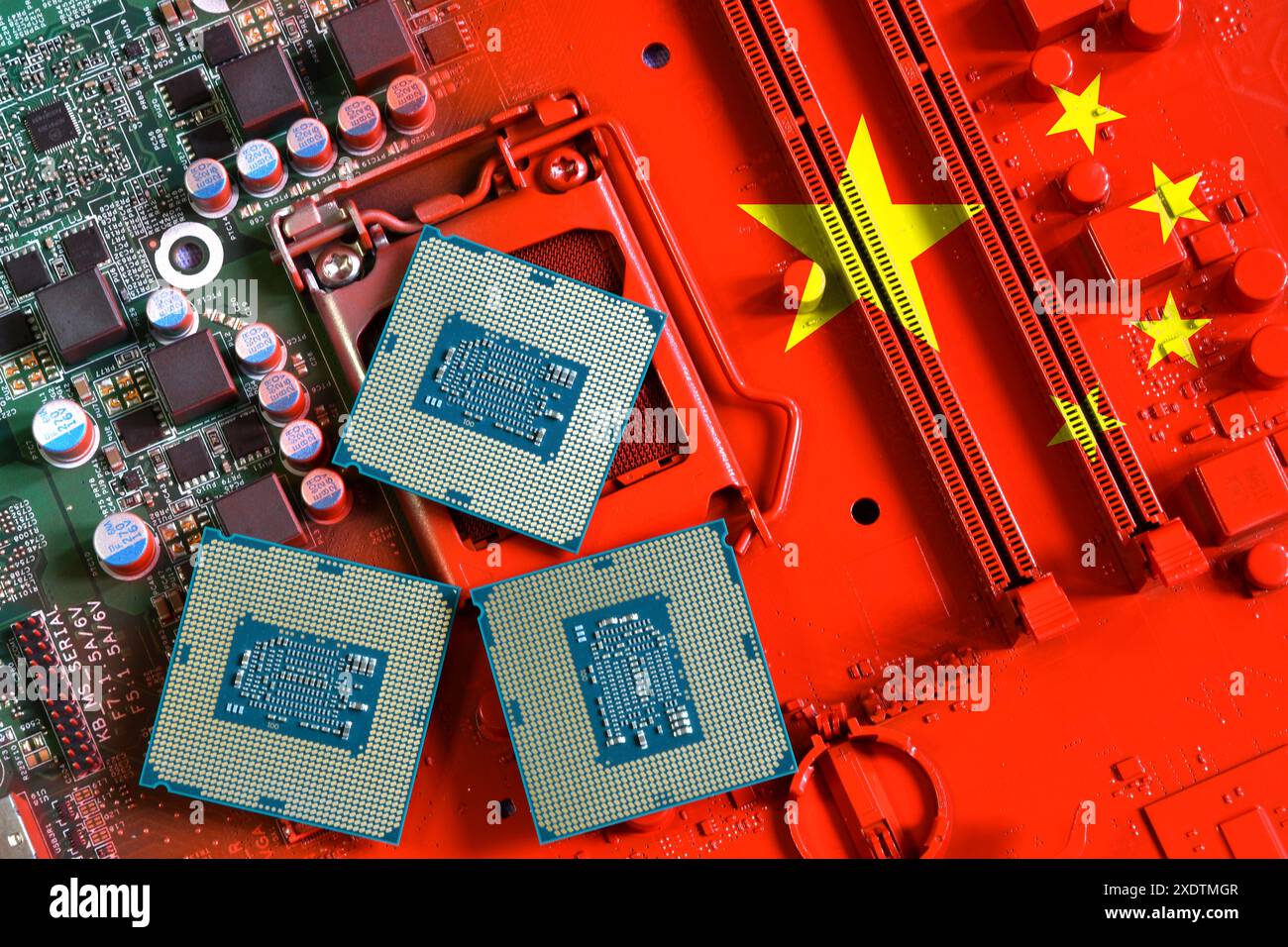 Flag of the Republic of China on a red painted pc motherboard with a ...