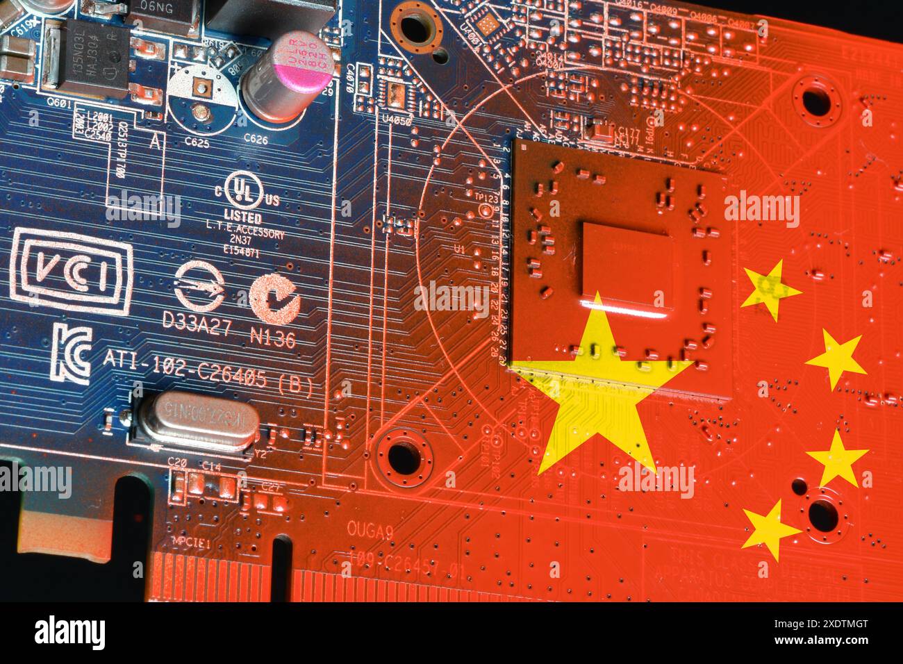 Flag of the Republic of China on a red painted pc motherboard with a ...