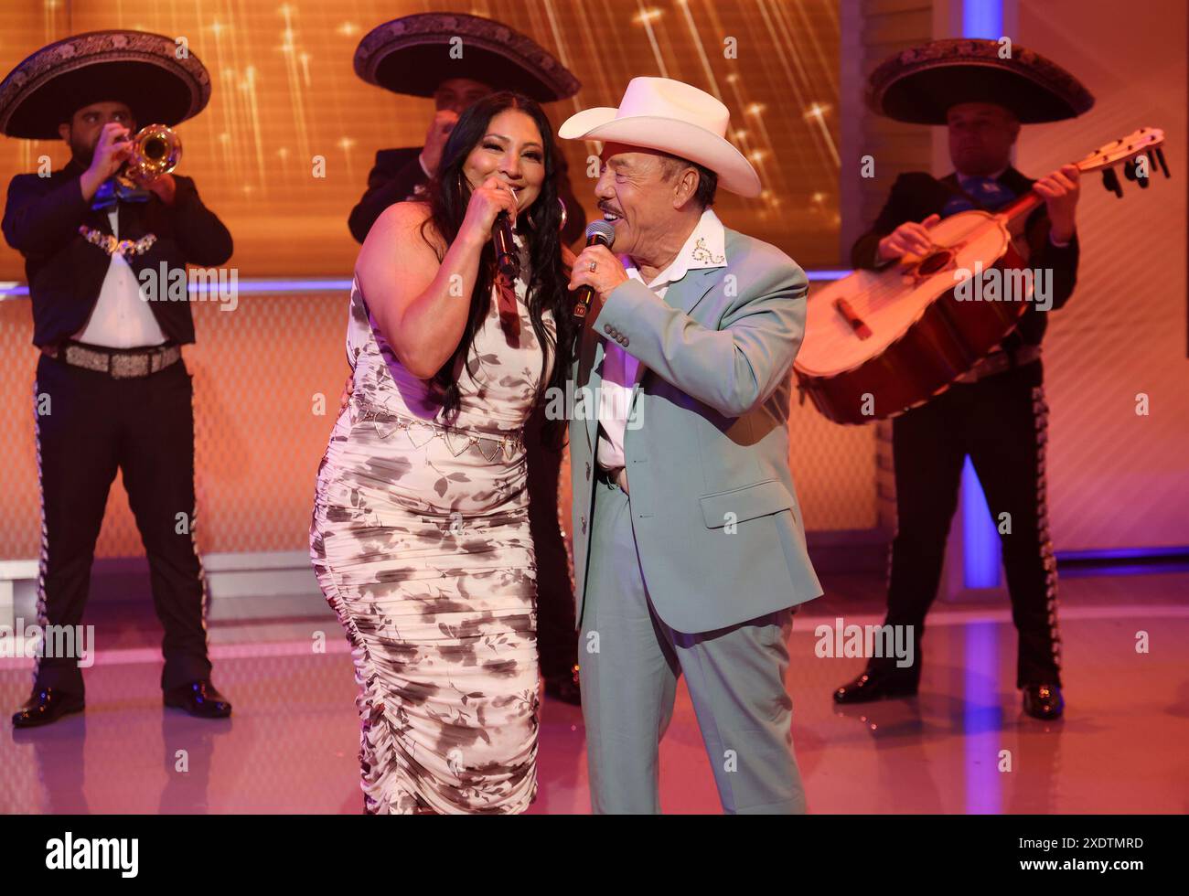 DORAL, FL-JUNE 24: Nataly Rodriguez and Don Pedro Rivera perform during “Despierta America ...
