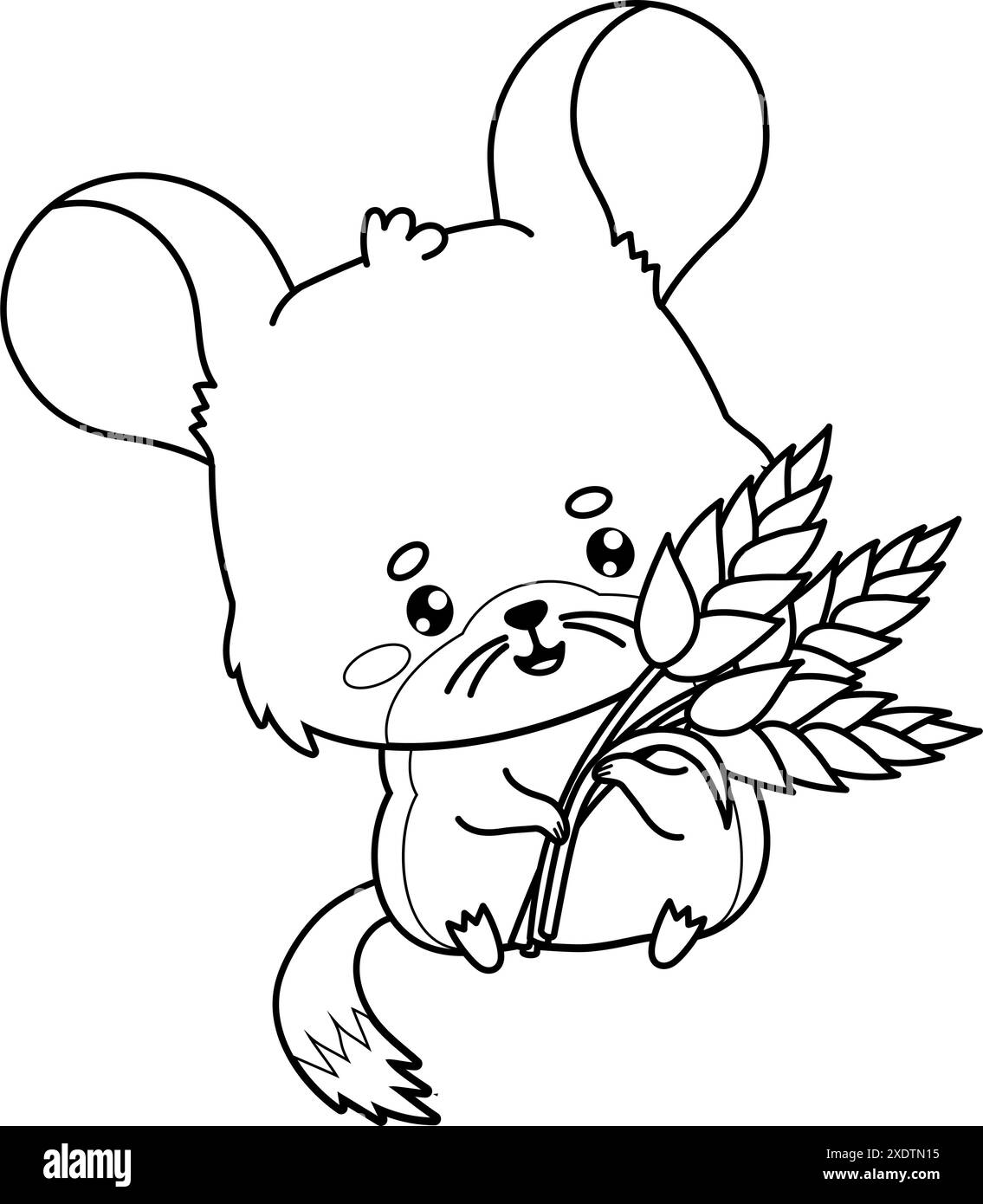 Happy chinchilla with ears of wheat. Outline cartoon kawaii rodent ...