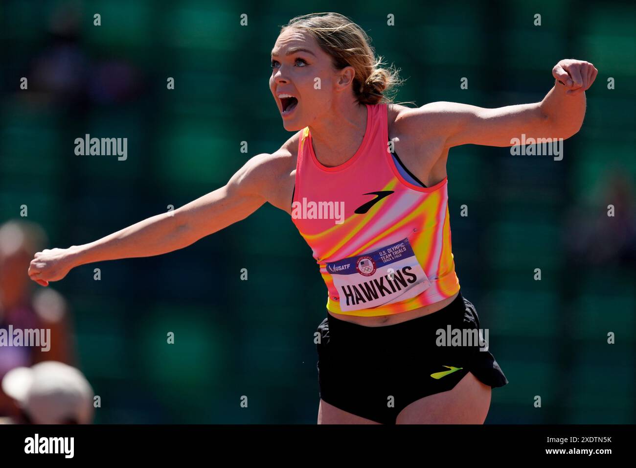 Chari Hawkins competes in the women's heptathlon javelin throw during ...