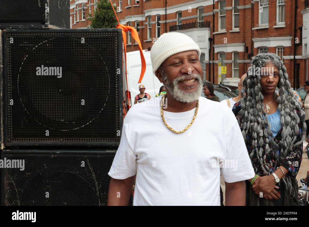 London UK 23 June 2024 A man stands near loud speakers in Windrush ...