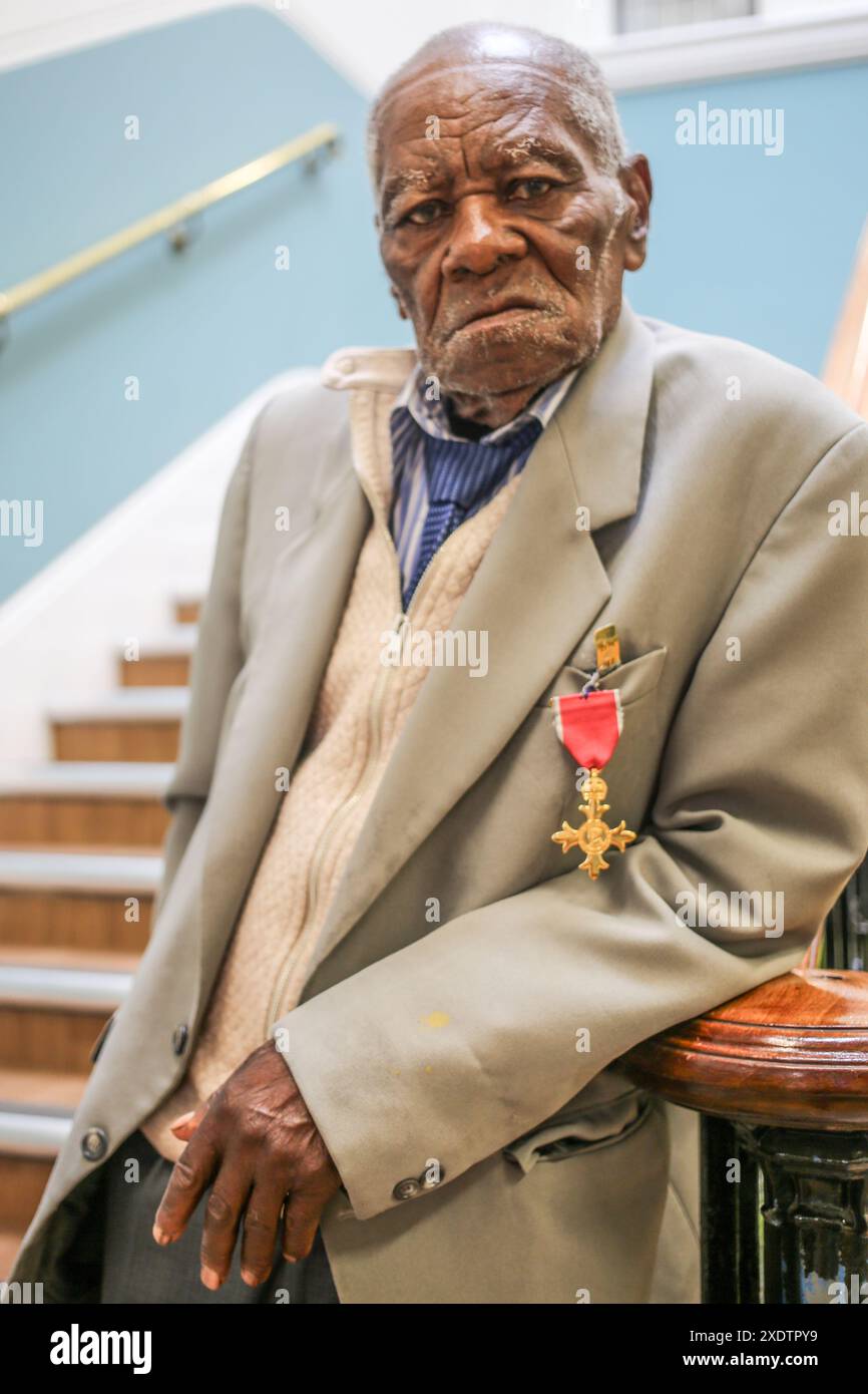 London UK 23 June 2024 Clovis Salmon OBE (b. 1930s, Jamaica) in Brixton ...
