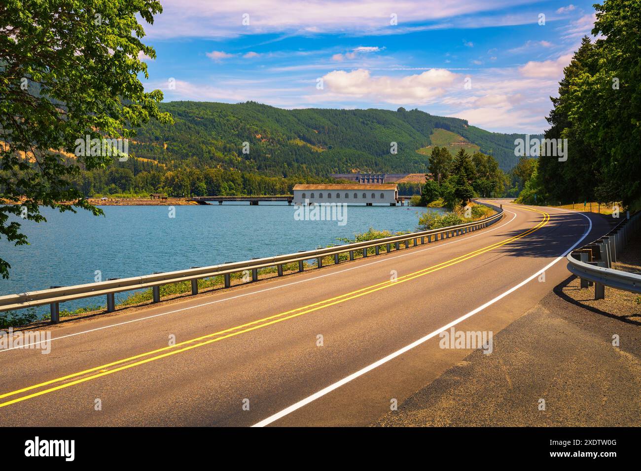 Dexter Reservoir with Lowell Covered Bridge in Oregon, USA Stock Photo ...