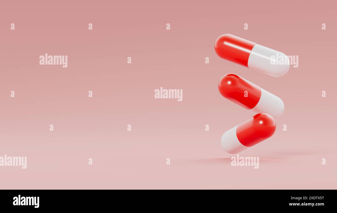 Three red white capsules, pills float on light red background ...