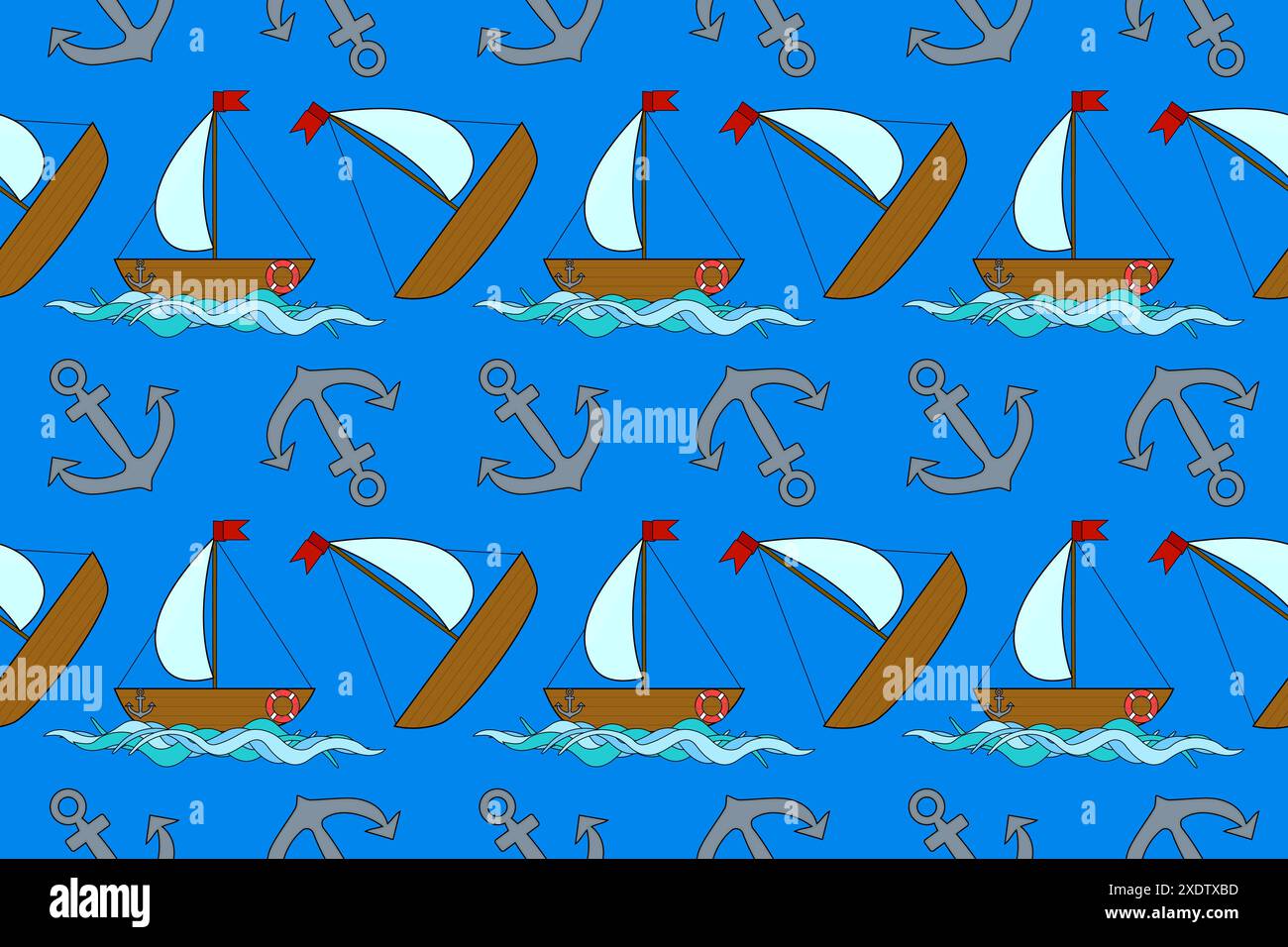Seamless nautical pattern featuring sailboats and anchors on a blue ...