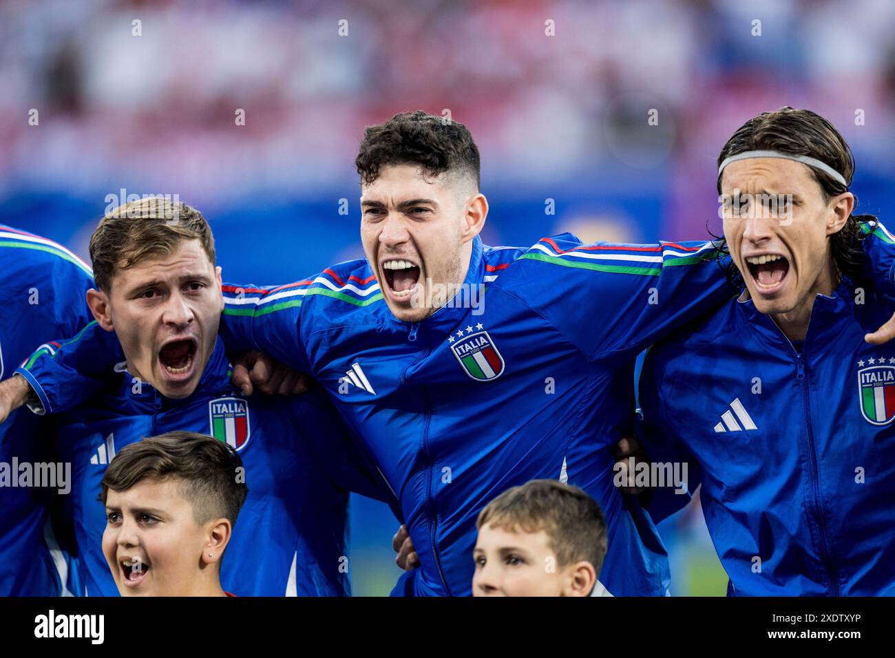 Leipzig, Germany. 24th June, 2024. (L-R) Nicolo Barella, Alessandro Bastoni and Riccardo ...