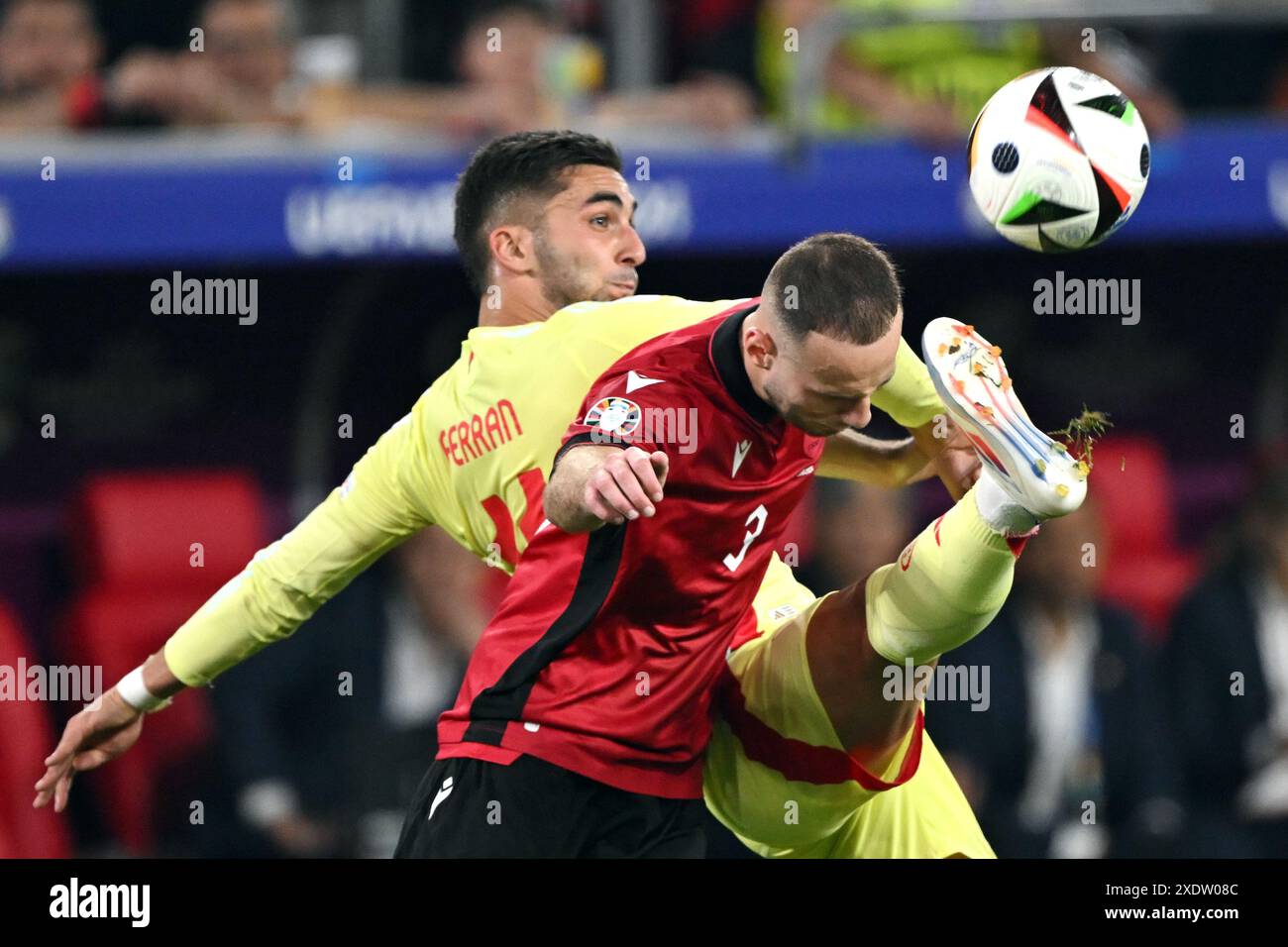 DUSSELDORF - (l-r) Ferran Torres of Spain, Mario Mitaj of Albania ...