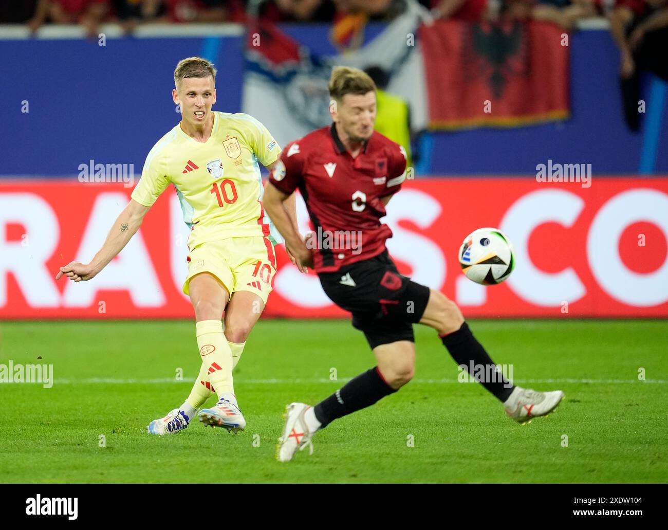 Spain's Dani Olmo shoots during the UEFA Euro 2024 Group B match at the ...