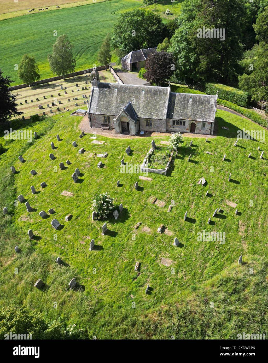 Aerial view of Linton church, Linton Village, Morebattle, Scotland ...