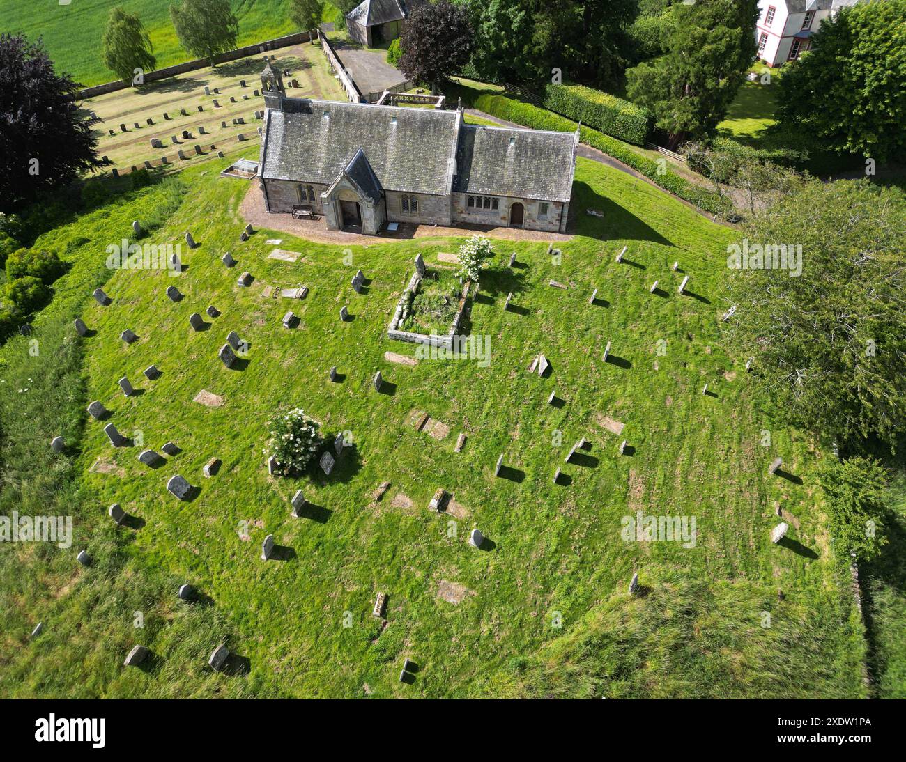 Aerial view of Linton church, Linton Village, Morebattle, Scotland ...