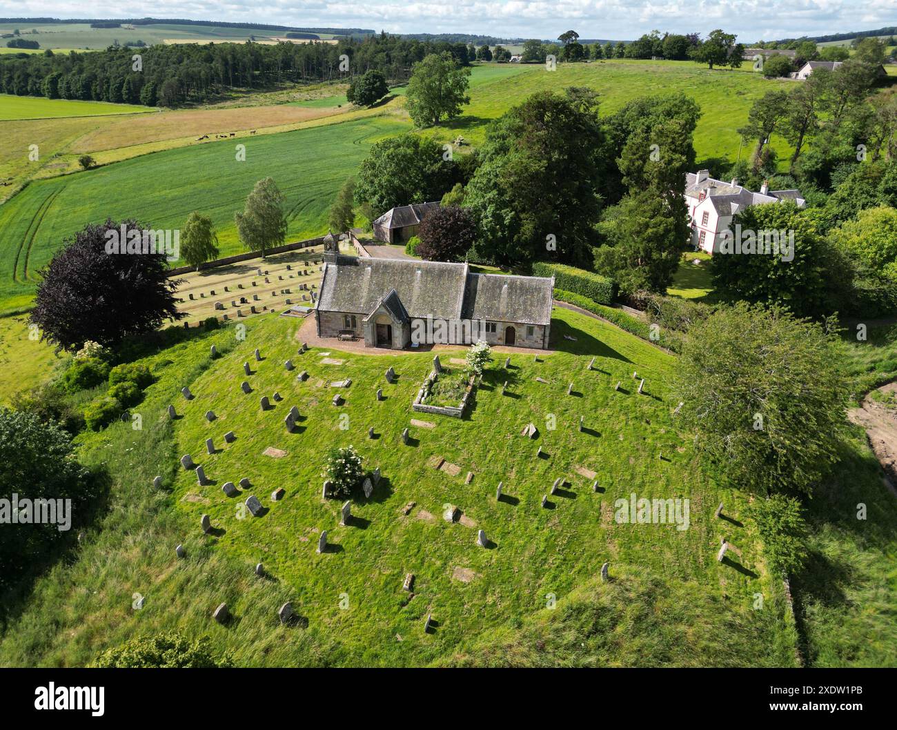 Aerial view of Linton church, Linton Village, Morebattle, Scotland ...