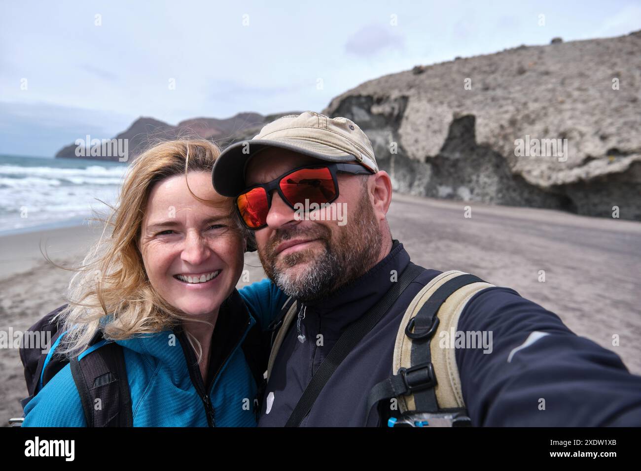Traveling couple takes a selfie at Monsul beach Stock Photo - Alamy