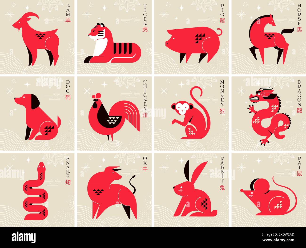Chinese horoscope zodiac collection, geometric minimalist style ...