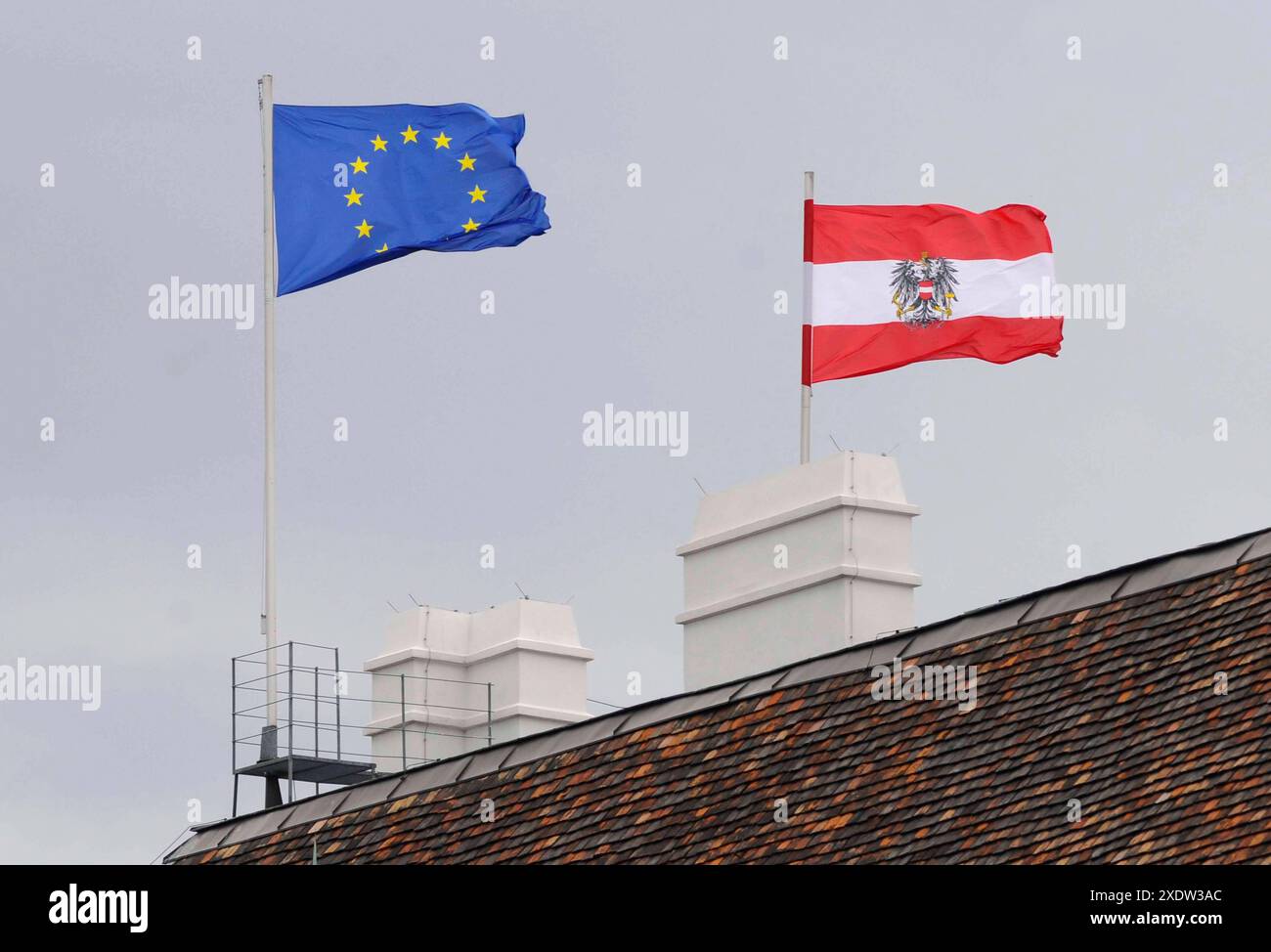 Austrian and European Union flag, blue flag with yellow stars ...