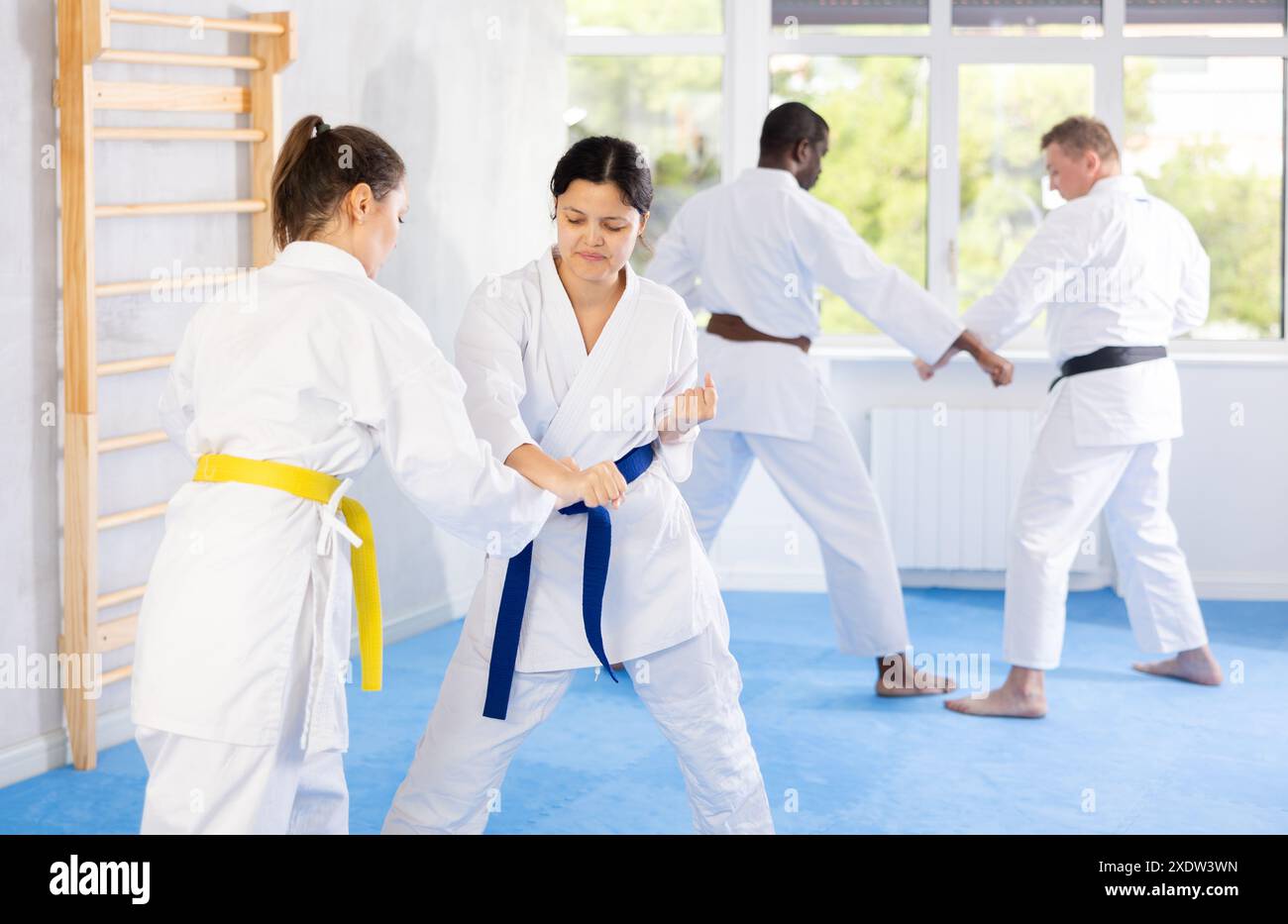 Middle-aged woman attendee of karate classes fighting with her opponent ...