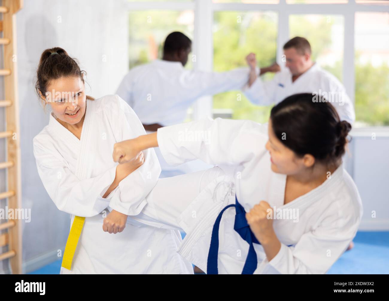 Middle-aged woman attendee of karate classes fighting with her opponent ...