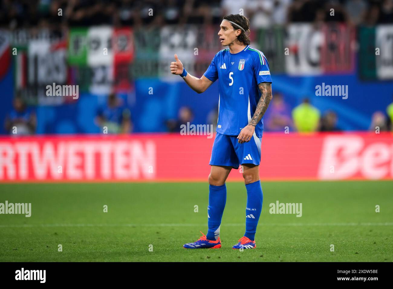 Leipzig, Germany. 24 June 2024. Riccardo Calafiori of Italy gestures ...