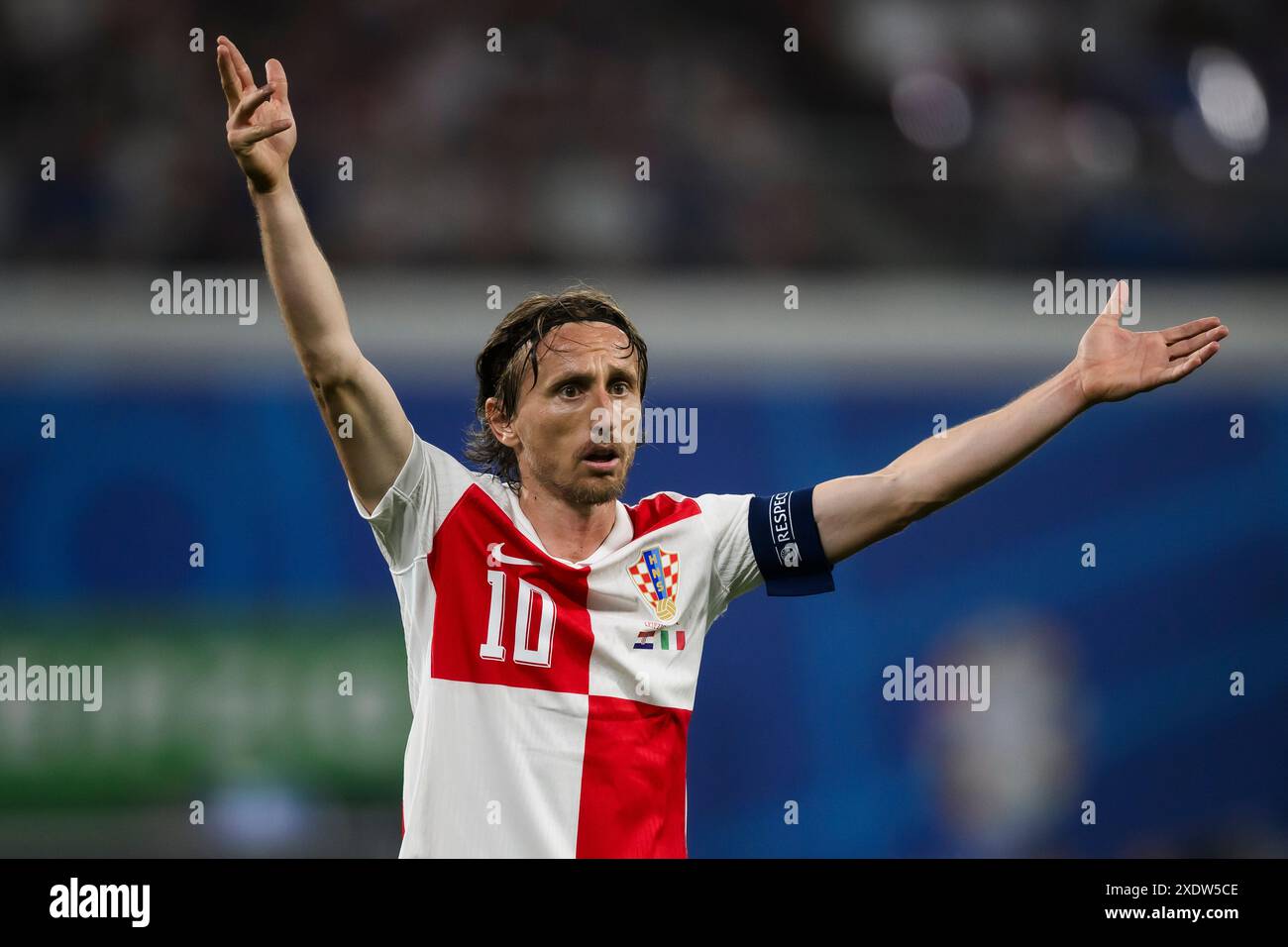 Leipzig, Germany. 24 June 2024. Luka Modric of Croatia gestures during ...