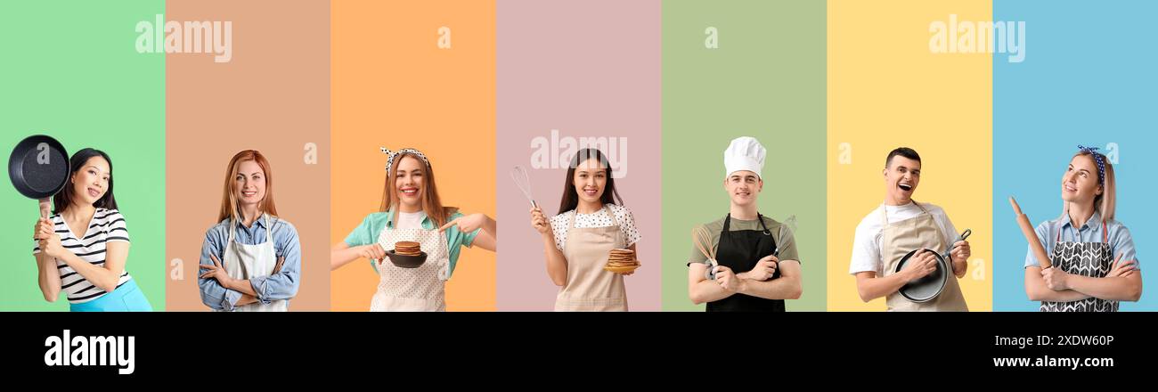 Collage of happy people wearing aprons on color background Stock Photo ...