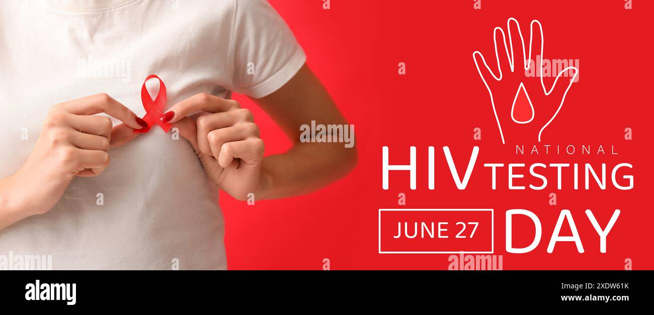 Banner for National HIV Testing Day with woman holding red awareness ...