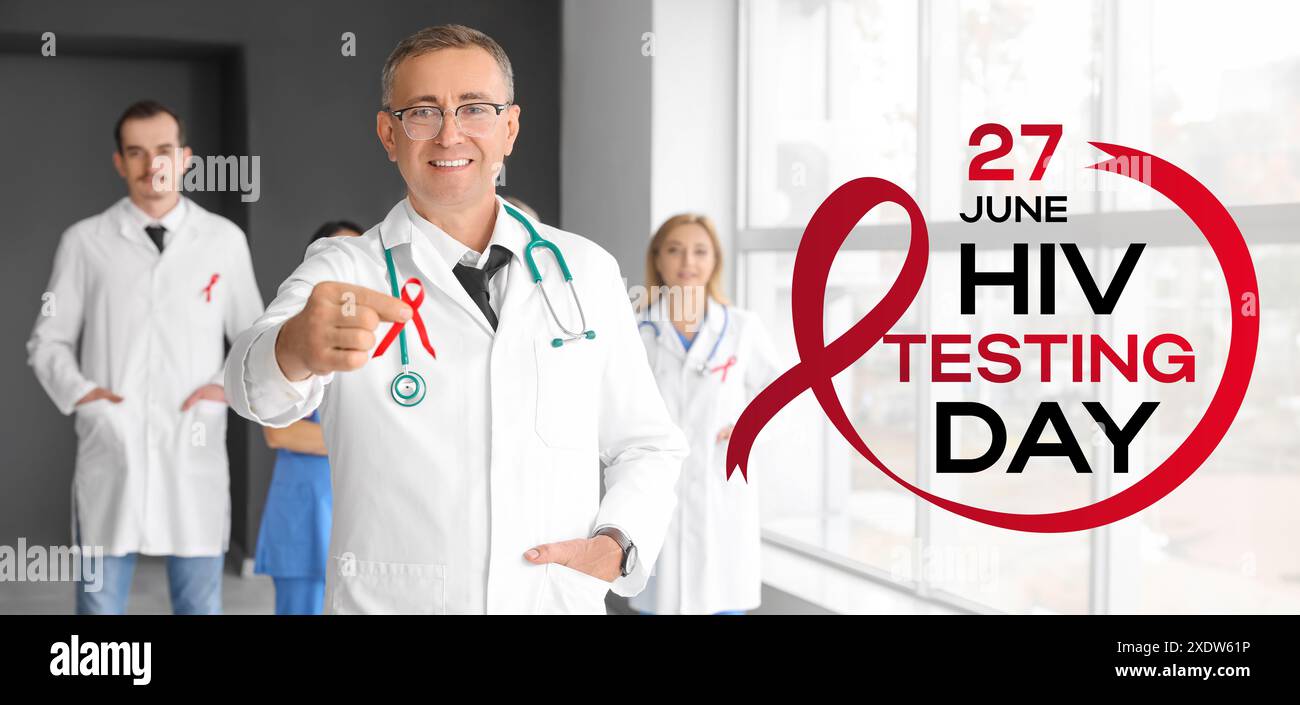 Banner for National HIV Testing Day with mature woman holding red ...