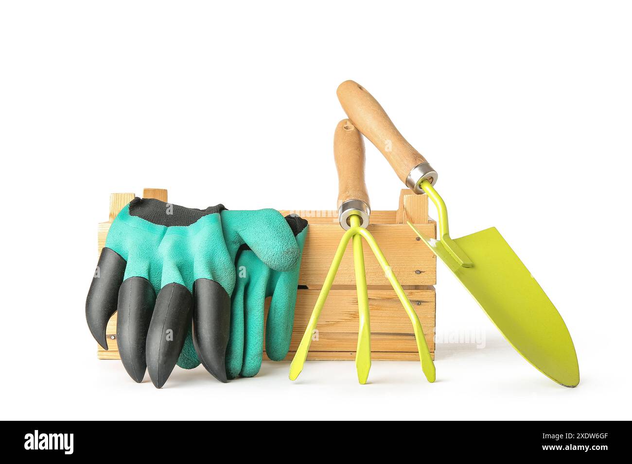 Wooden box with different gardening tools on white background Stock ...
