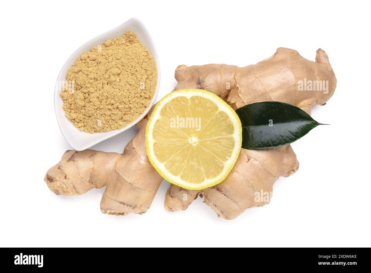 Fresh ginger root and bowl with dried powder on white background Stock ...
