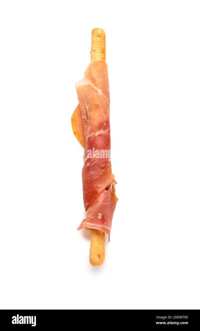 Tasty Italian Grissini with prosciutto on white background Stock Photo ...