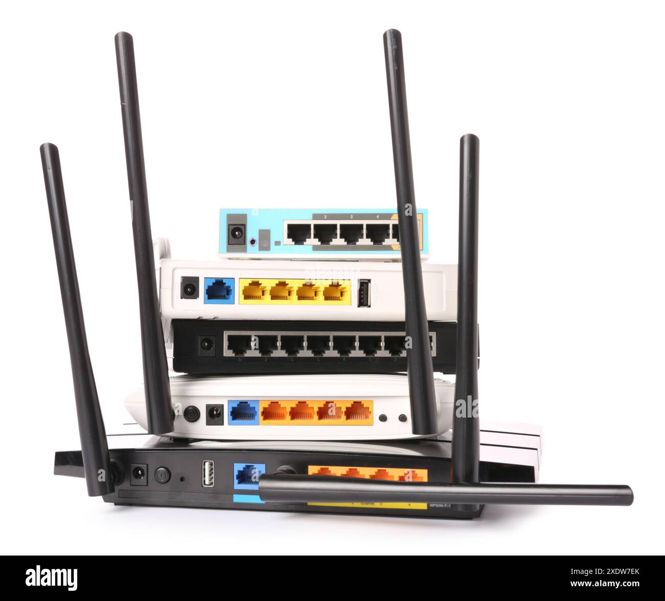 Modern wi-fi routers on white background Stock Photo - Alamy