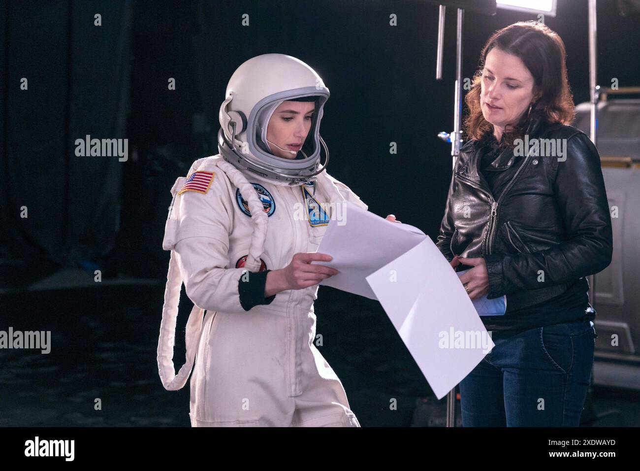 SPACE CADET, from left: Emma Roberts, director Liz W. Garcia, on set ...