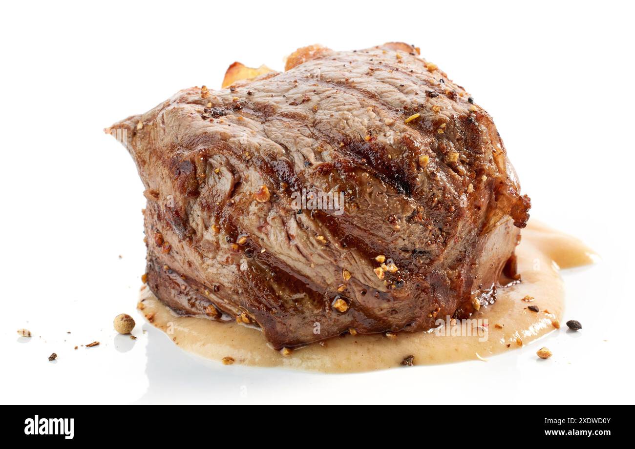 freshly grilled juicy beef fillet steak and pepper sauce isolated on ...