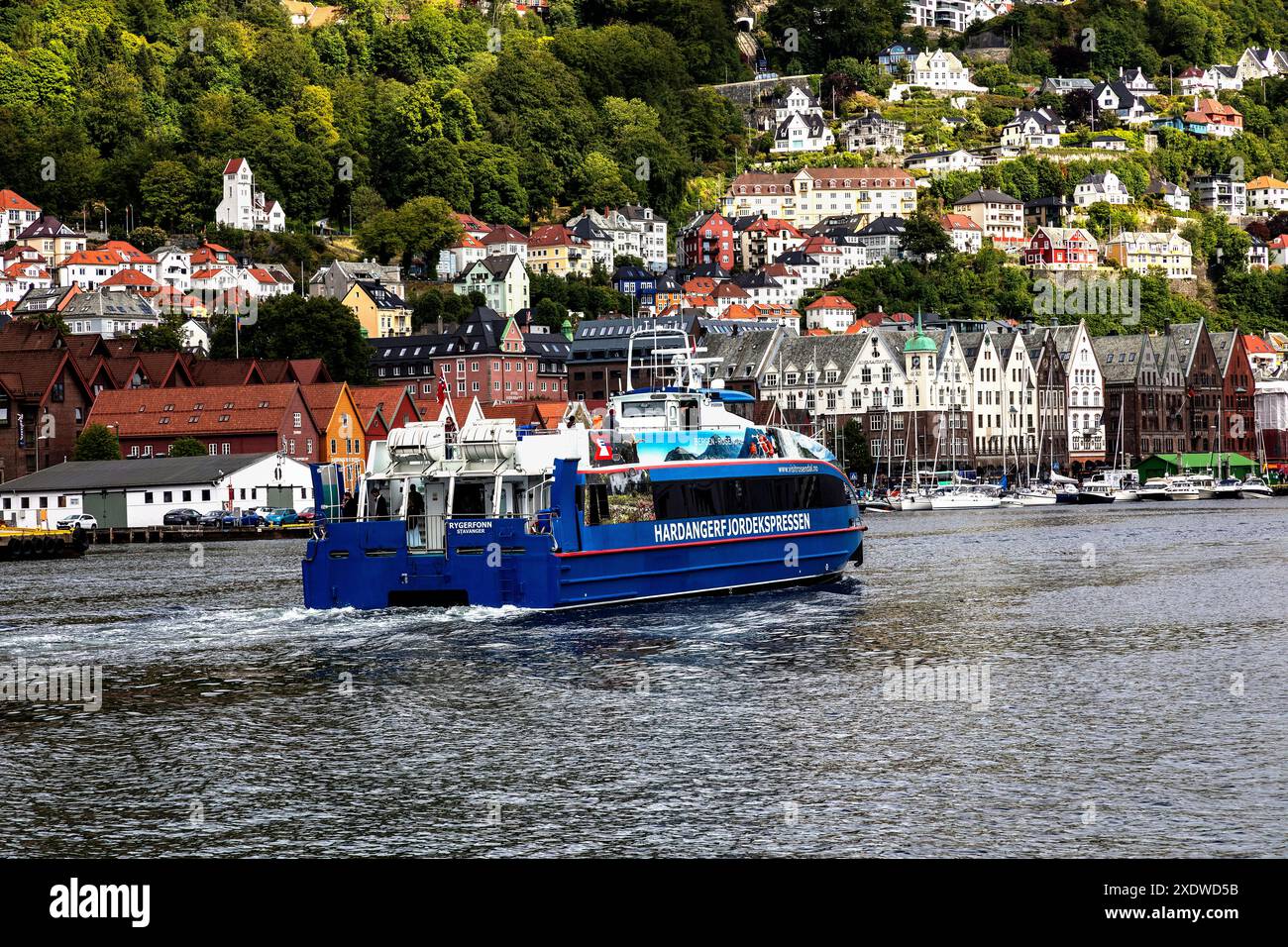 High speed passenger catamaran Rygerfonn arriving in the port of Bergen ...