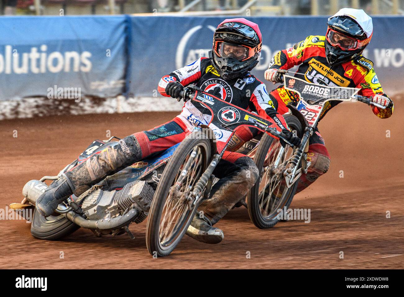 Belle Vue Aces' Ben Cook in Red leading Leicester Lions' Luke Becker in ...
