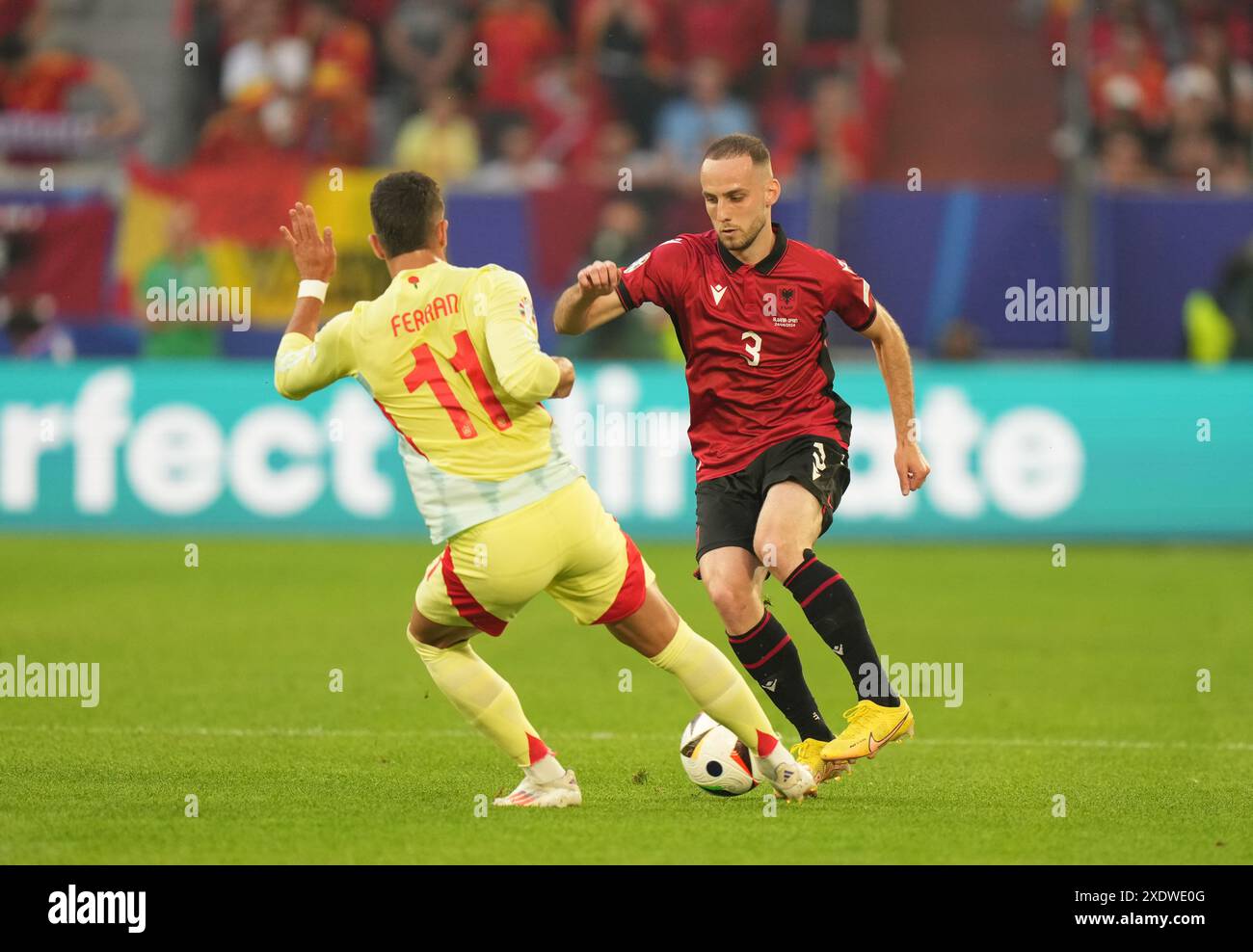 Mario Mitaj of Albania and Ferran Torres Garcia of Spain during the ...