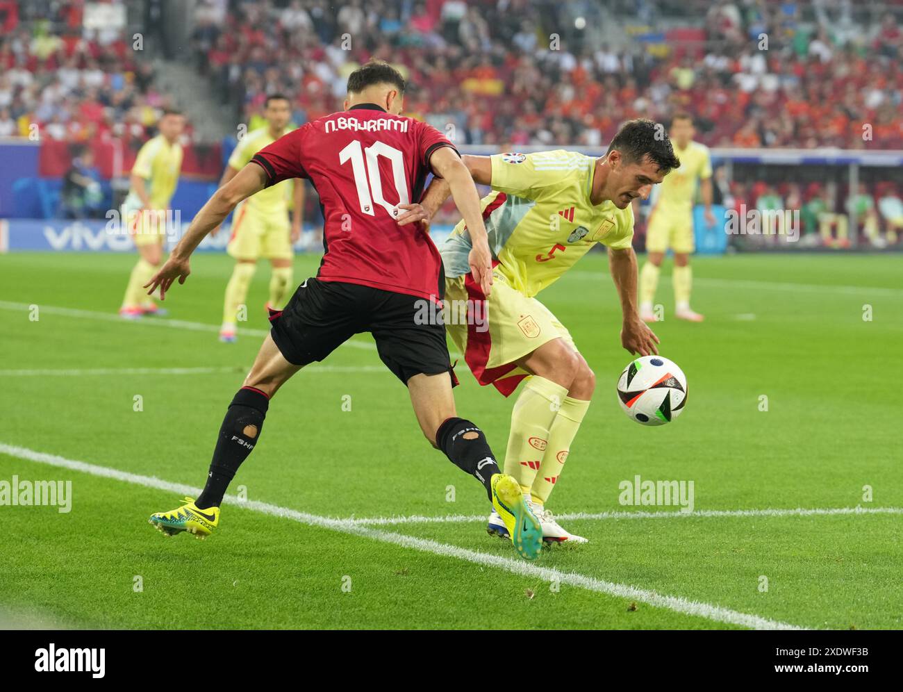 Nedim Bajrami of Albania and Daniel Vivian of Spain during the EURO ...