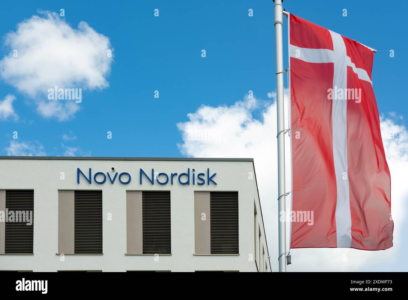 Novo Nordisk advertising flags and logo on facade, Danish ...