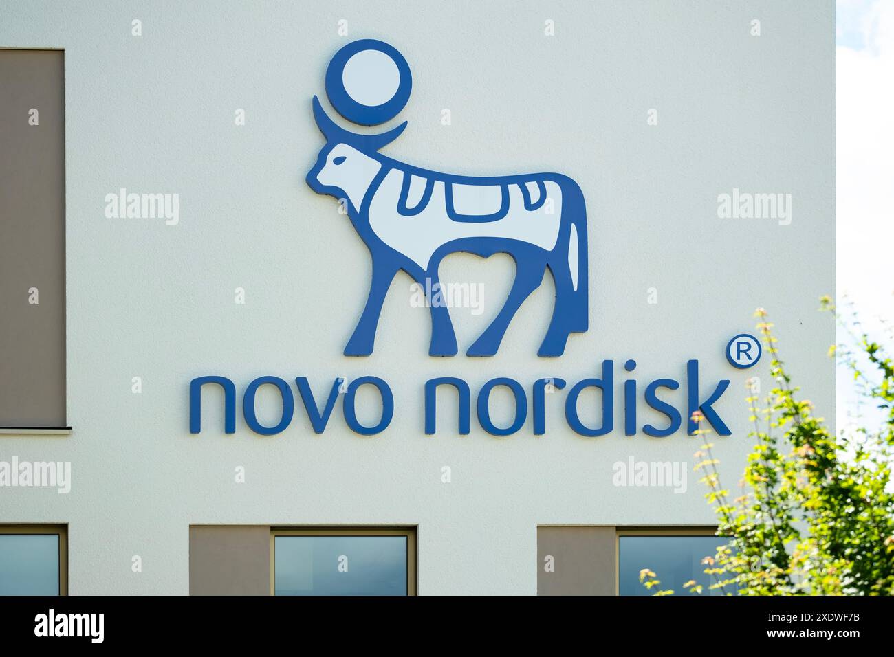 Novo Nordisk advertising logo on facade building, Danish pharmaceutical ...