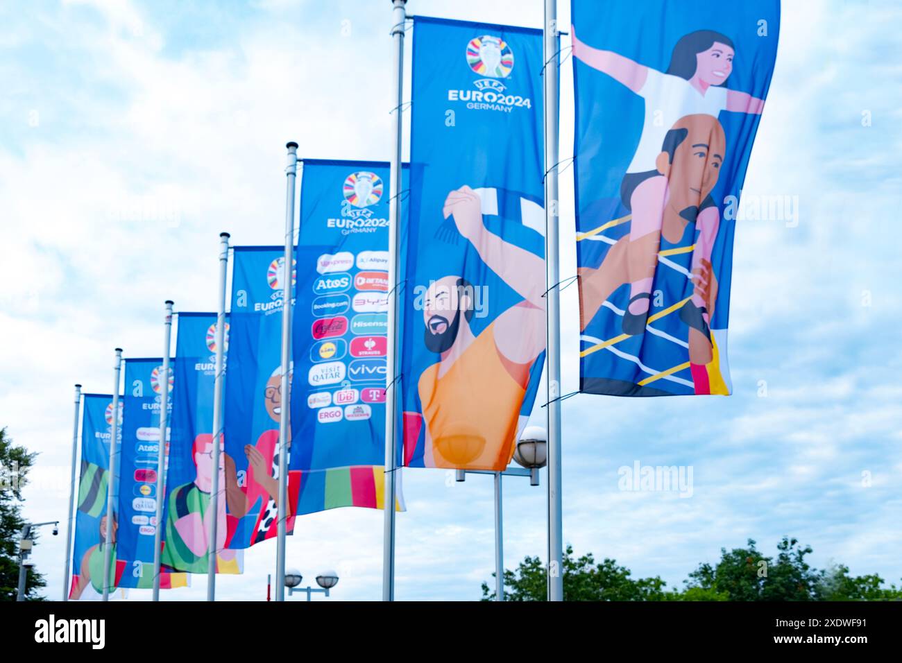 Colorful UEFA Euro 2024 flags wave proudly, unity and passion European ...