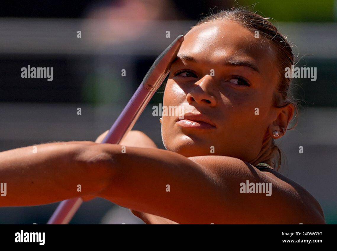 Anna Hall competes in the women's heptathlon javelin throw during the U ...